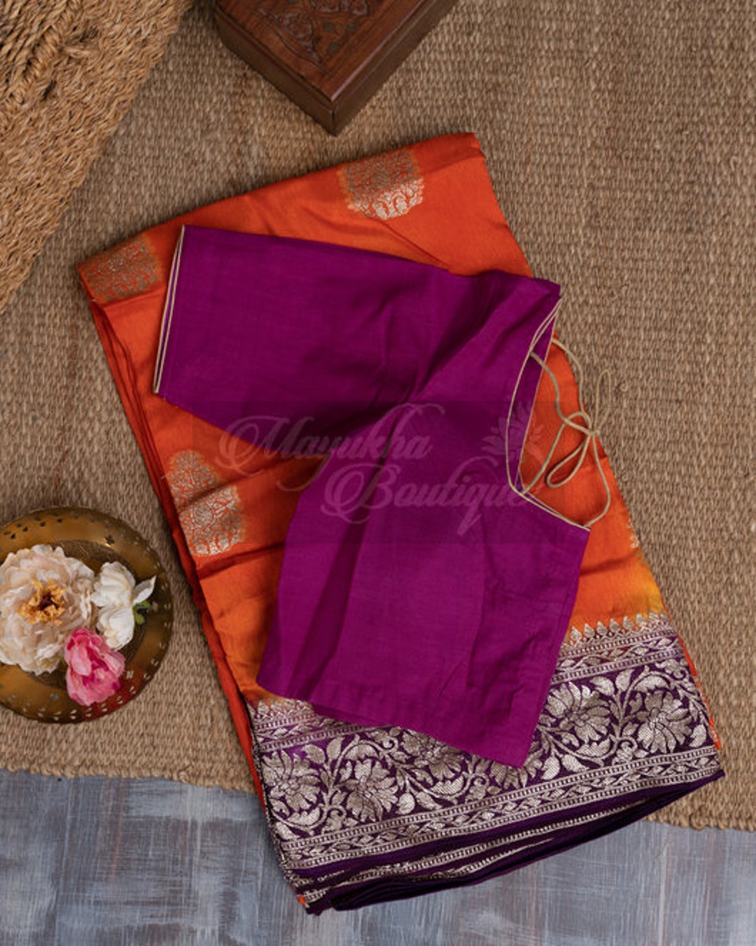 Orange Banarasi Saree With Stitched Blouse in Size 38-44 | Silk Mark ...