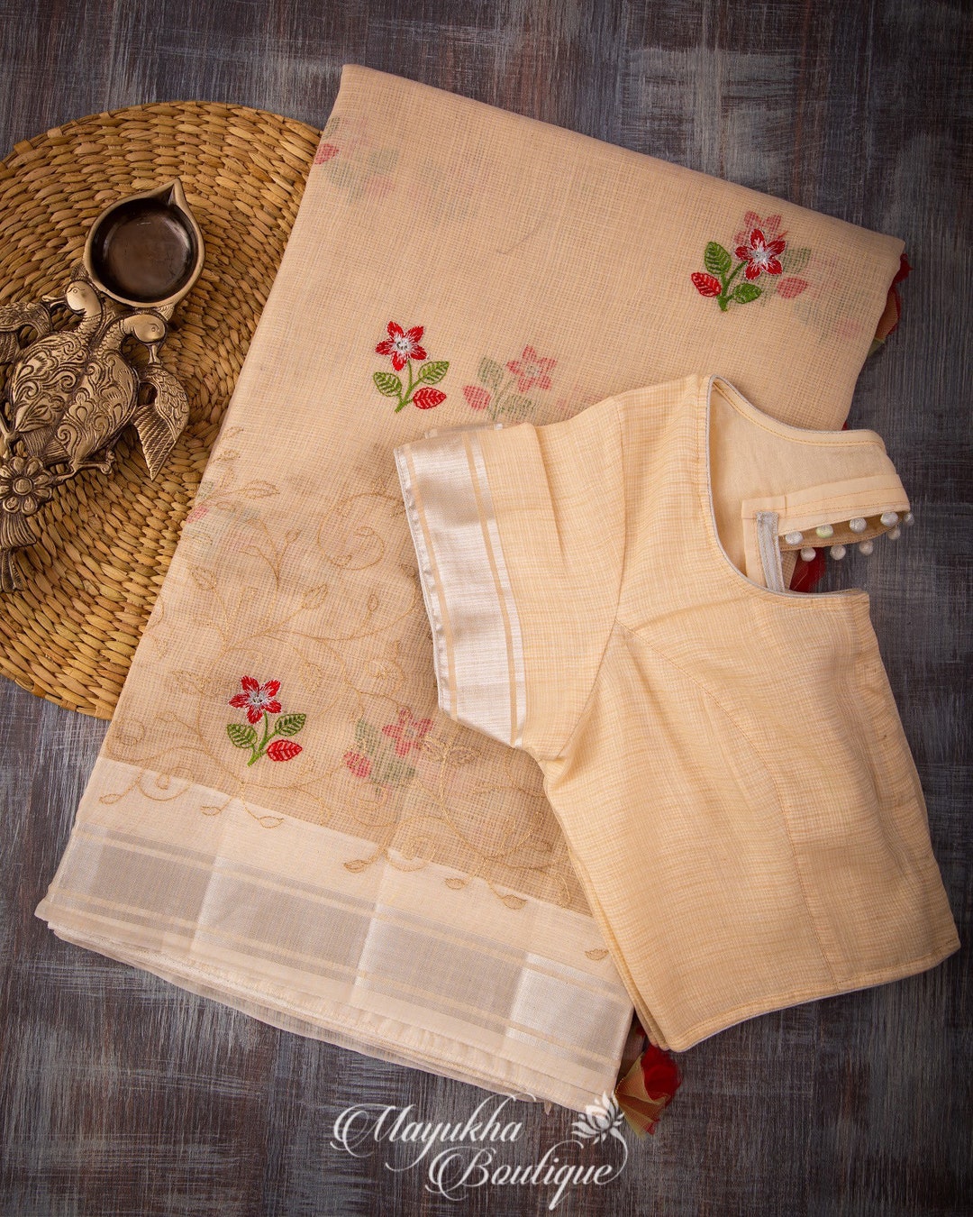 Pastel Peach Kota Blends With Thread Embroidery and Stitched Blouse in ...