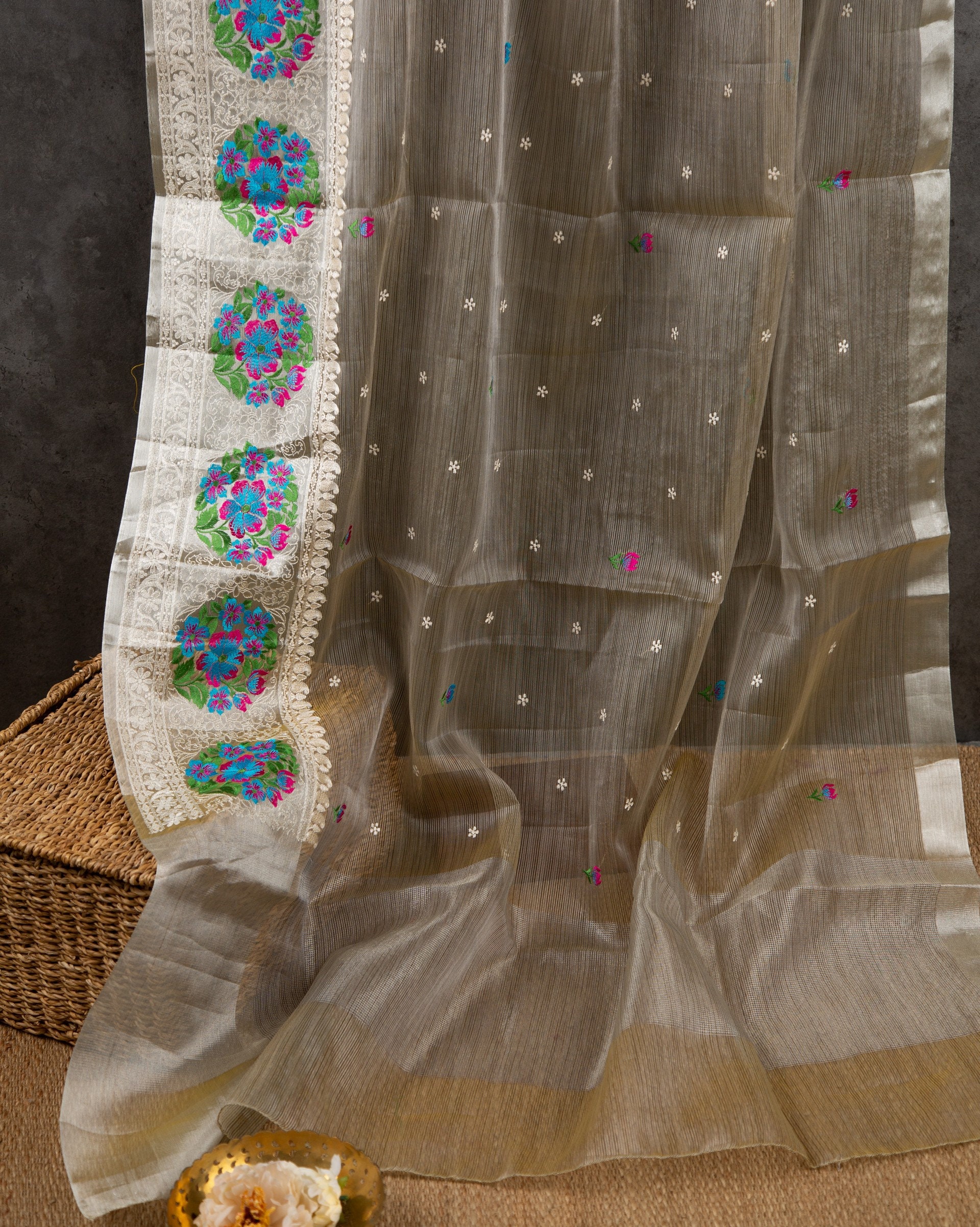 Tissue Linen With Chikankari Embroidery Brown & Mauve Breaking Waves ...