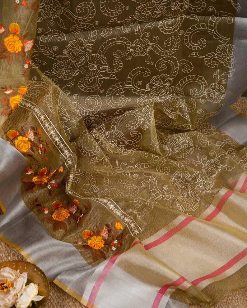 Tissue Linen Snuff With Red Down to Earth Saree With Stitched Blouse in ...