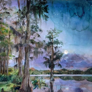 Nighttime Bayou Art Print, Louisiana Themed Print, Original Painting by ...