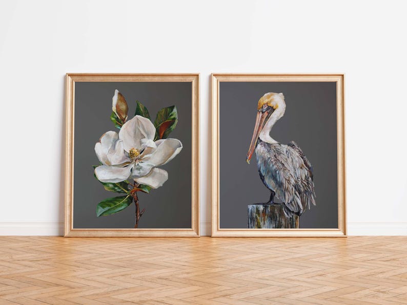 Magnolia & Pelican Art Prints: Louisiana State Flower and Bird Set - Etsy