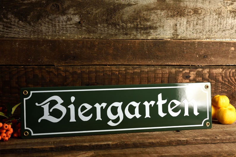 Biergarten German Enamel Sign - 8x30 Cm (3,2"x11,8"), White / Deepblue ...