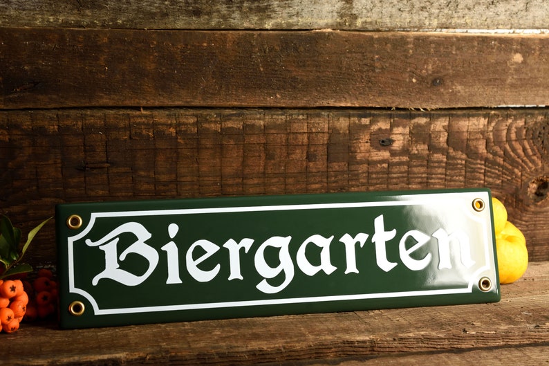 Biergarten German Enamel Sign - 8x30 Cm (3,2"x11,8"), Deep Blue, Green ...