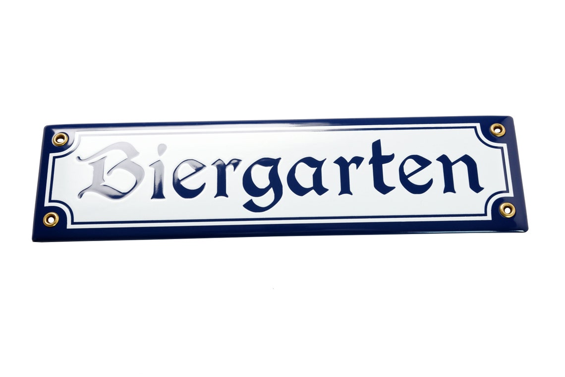 Biergarten German Enamel Sign - 8x30 Cm (3,2"x11,8"), White / Deepblue ...