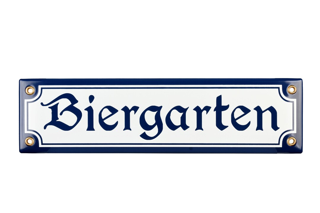 Biergarten German Enamel Sign - 8x30 Cm (3,2"x11,8"), White / Deepblue ...