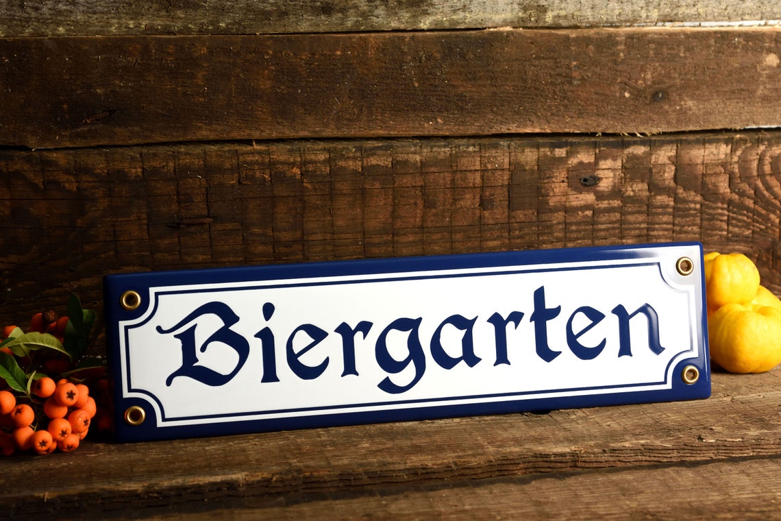 Biergarten German Enamel Sign - 8x30 Cm (3,2"x11,8"), White / Deepblue ...