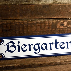 Biergarten German Enamel Sign - 8x30 Cm (3,2"x11,8"), White / Deepblue ...