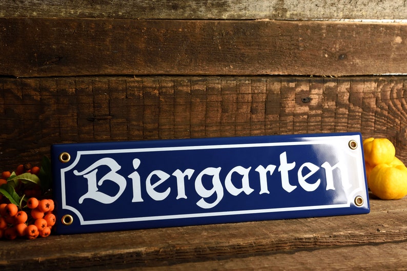 Biergarten German Enamel Sign - 8x30 Cm (3,2"x11,8"), Deep Blue, Green ...