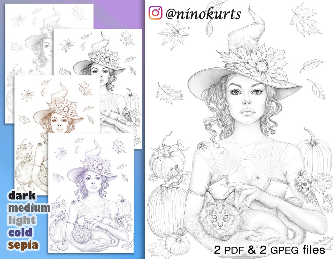 Halloween Witch Grayscale Coloring Page | Woman Portrait (printable PDF ...