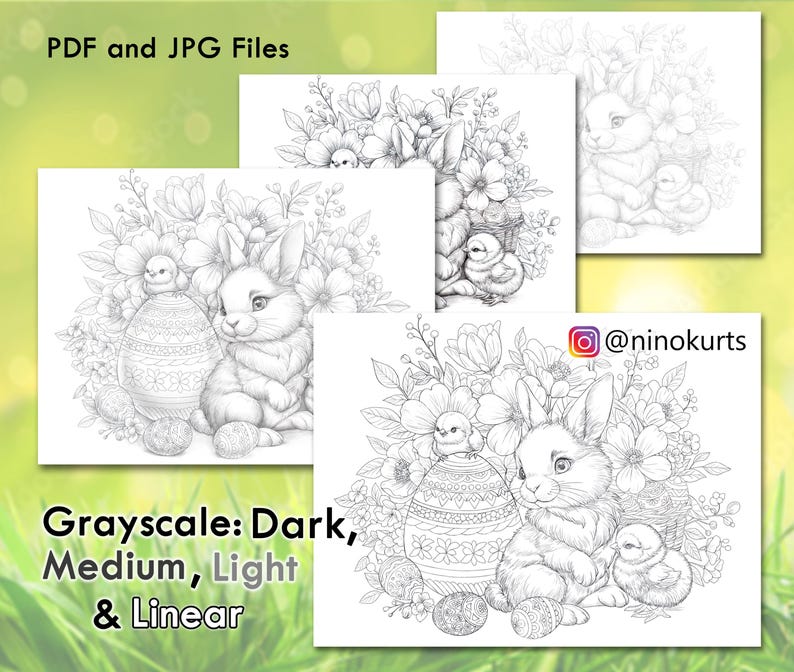 Easter Bunny Coloring Page | Grayscale Floral Illustration (PDF & JPG ...