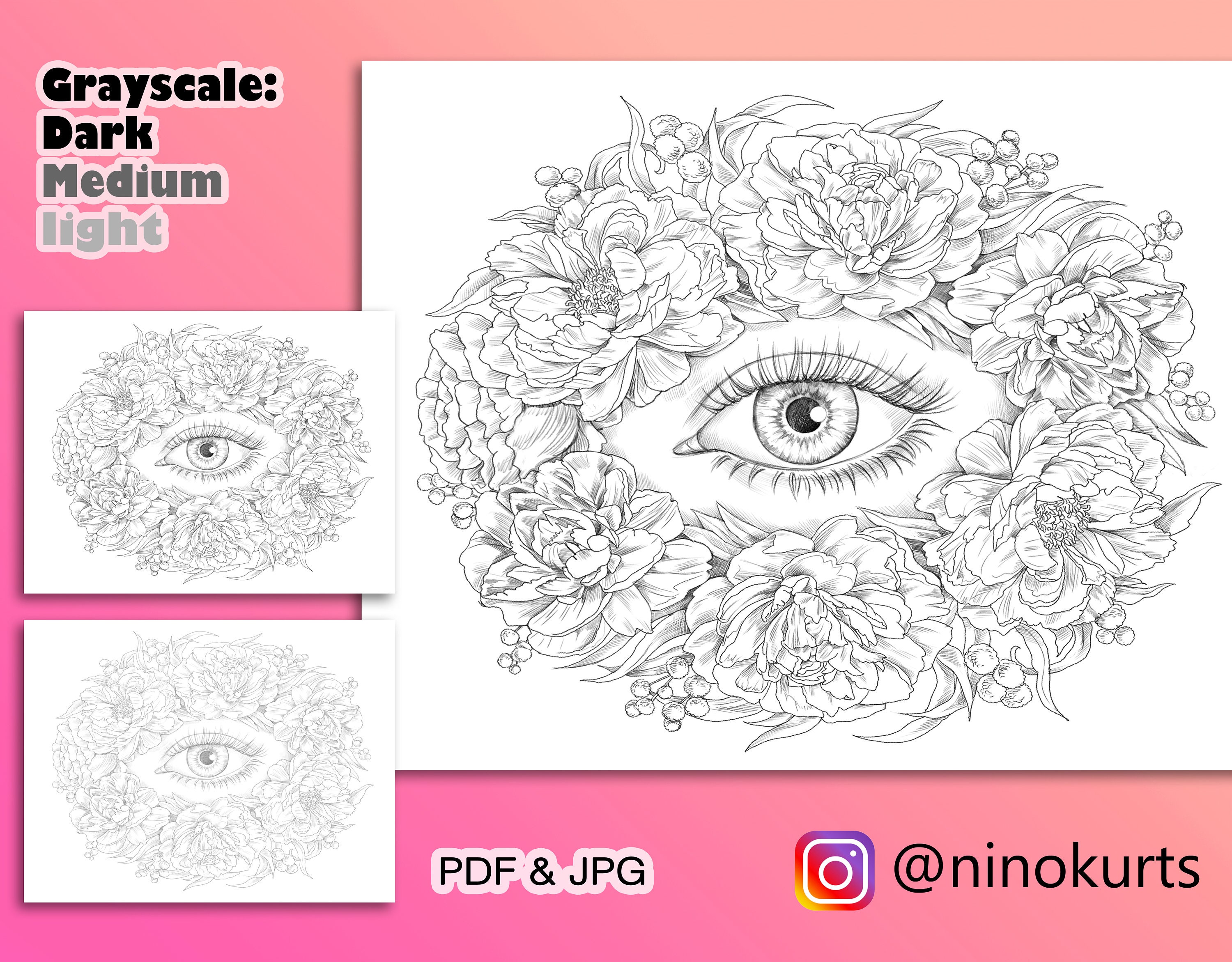 Eye and Peonies Printable Grayscale Adult Coloring Page Download ...