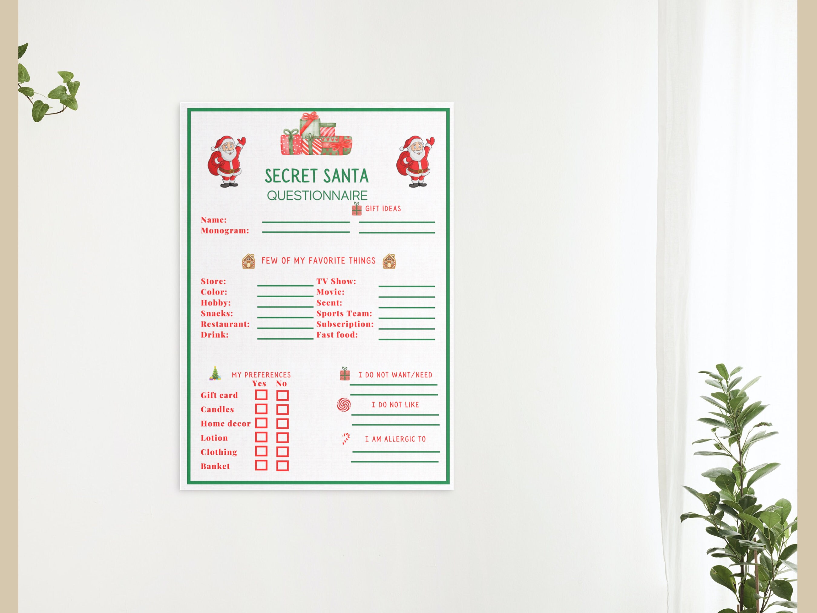 Secret Santa Questionnaire Printable Secret Santa Form - Etsy