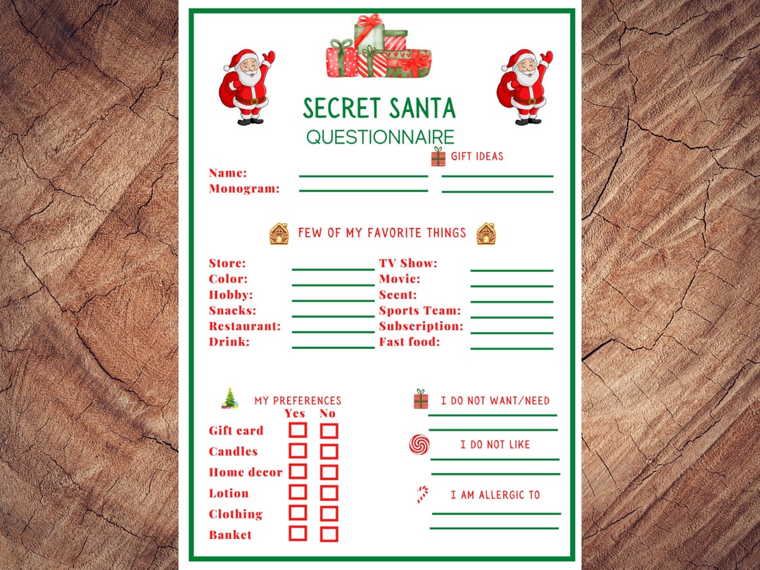 Secret Santa Questionnaire Printable Secret Santa Form - Etsy