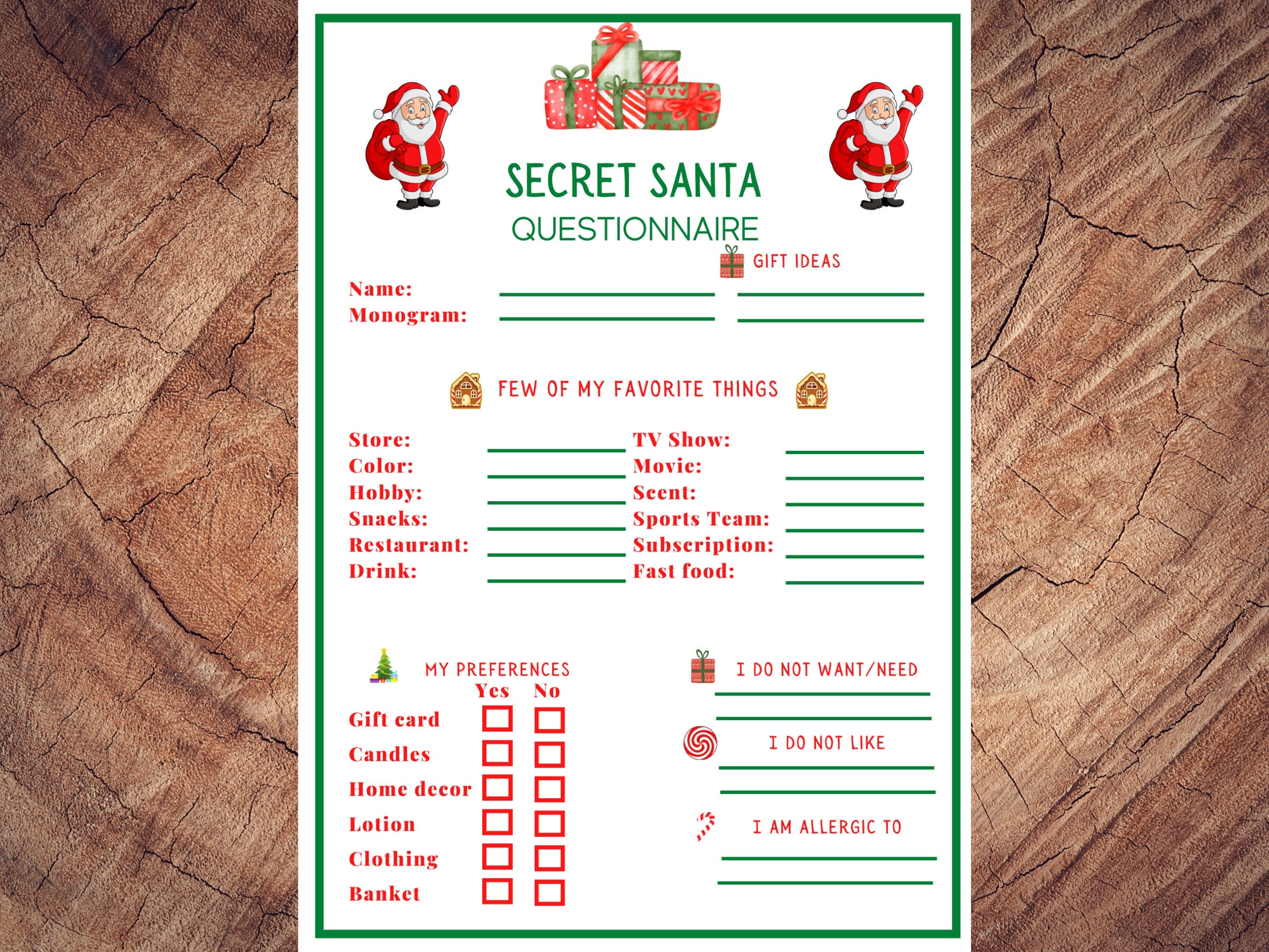 Secret Santa Questionnaire Printable Secret Santa Form - Etsy
