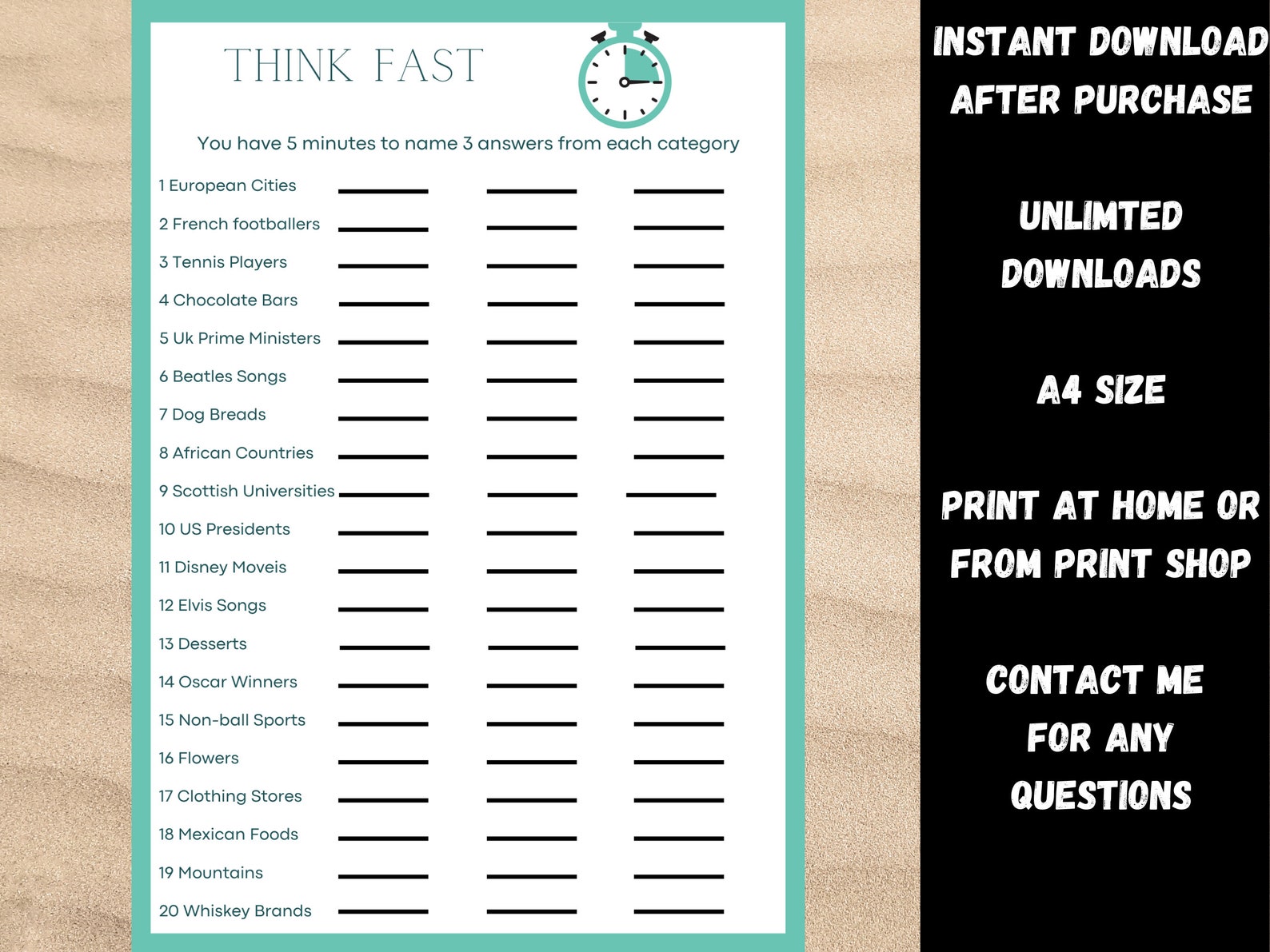 Think Fast Trivia Printable Game Knowledge Quiz Adult Party - Etsy UK