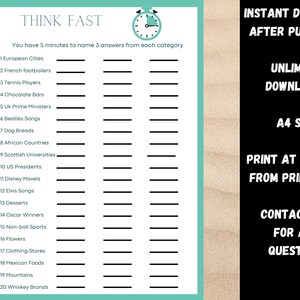 Think Fast Trivia Printable Game Knowledge Quiz Adult Party - Etsy UK