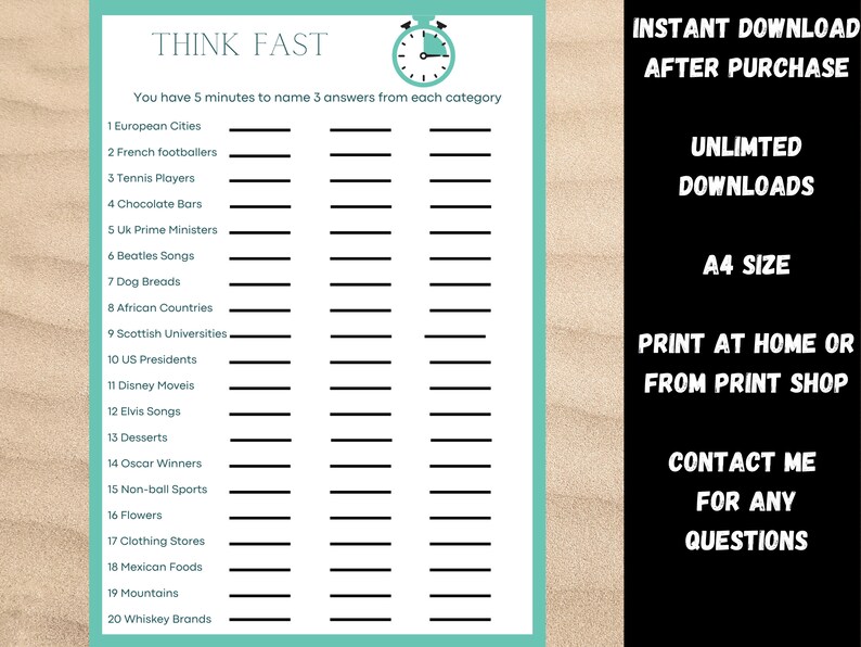 Think Fast Trivia Printable Game Knowledge Quiz Adult Party - Etsy UK