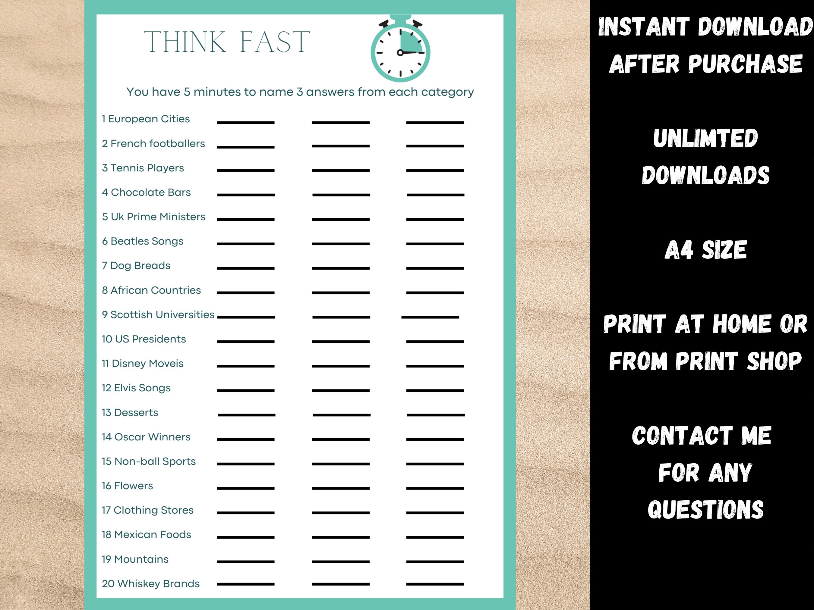 Think Fast Trivia Printable Game Knowledge Quiz Adult Party - Etsy UK