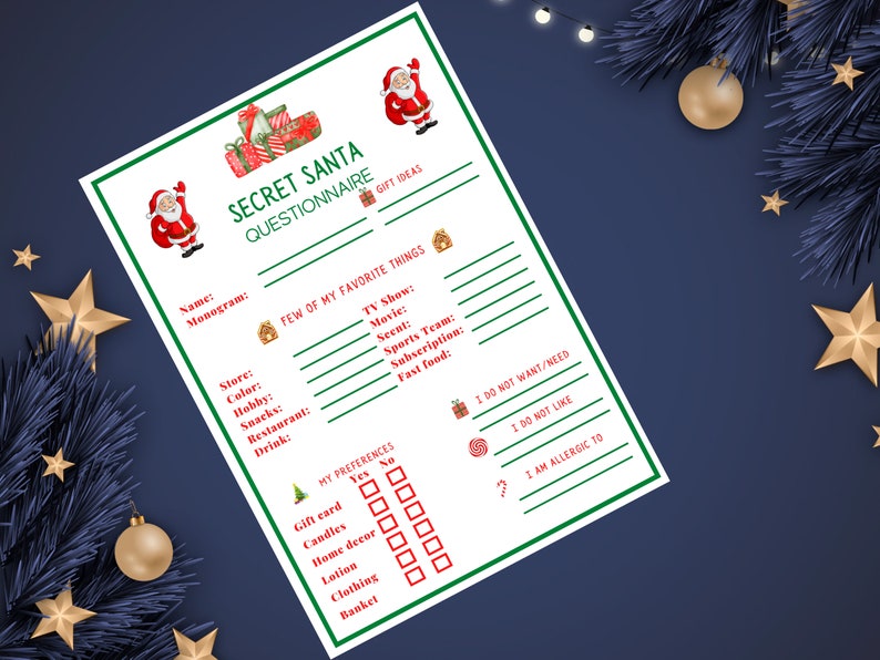 Secret Santa Questionnaire Printable Secret Santa Form - Etsy