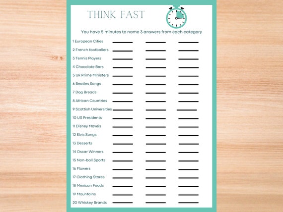 Think Fast Trivia Printable Game Knowledge Quiz Adult Party - Etsy UK