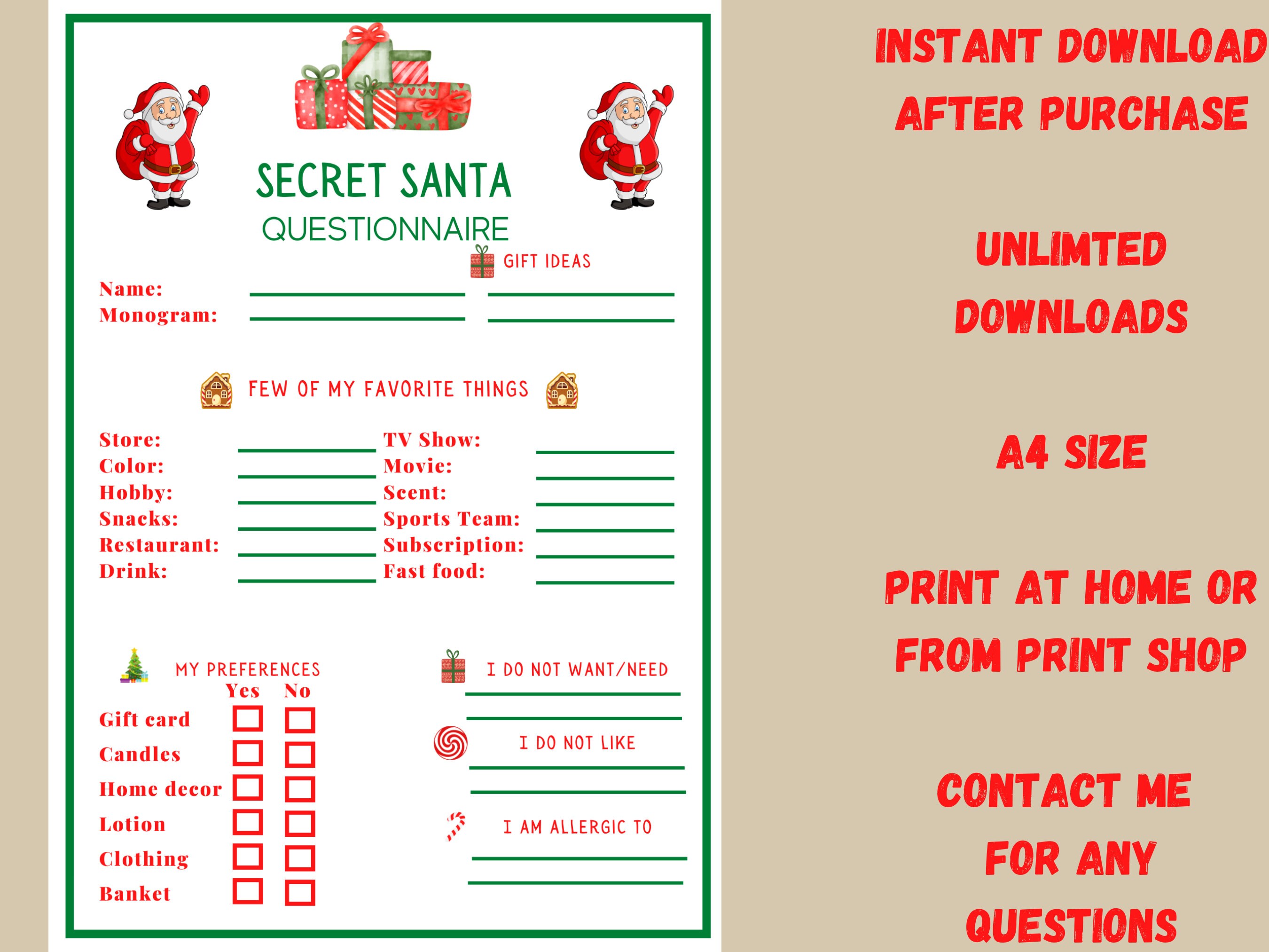 Secret Santa Questionnaire Printable Secret Santa Form - Etsy