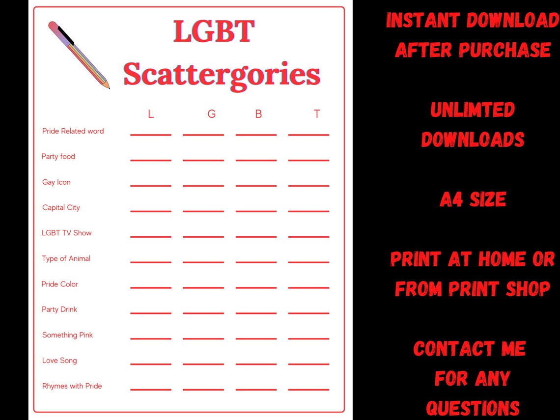 Gay Pride Month Game LGBT Scattergories Game Fun Party Activity for ...