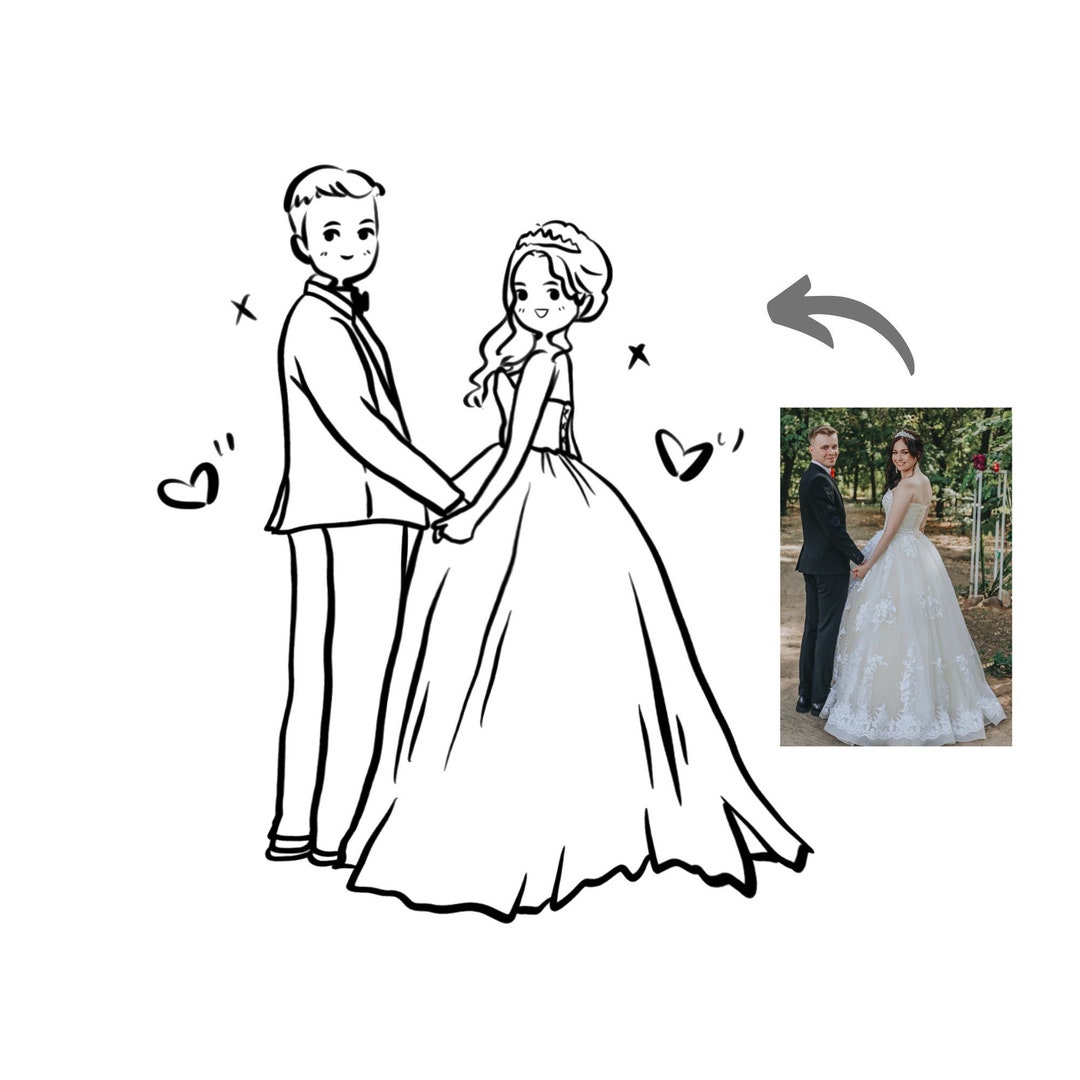 Custom Cartoon Line Drawing Wedding Single Line Art Minimalist Cartoon ...