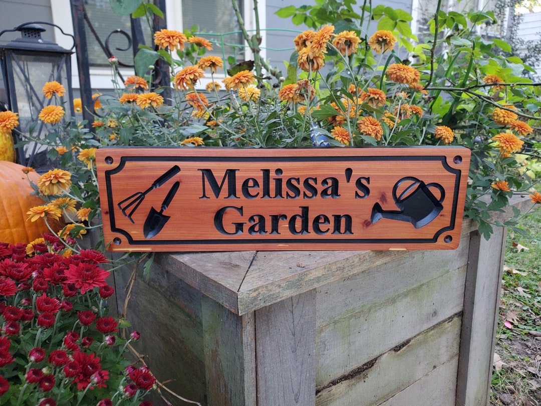 Custom Name Garden Sign, Personalized Outdoor Carved Wood Gardening ...