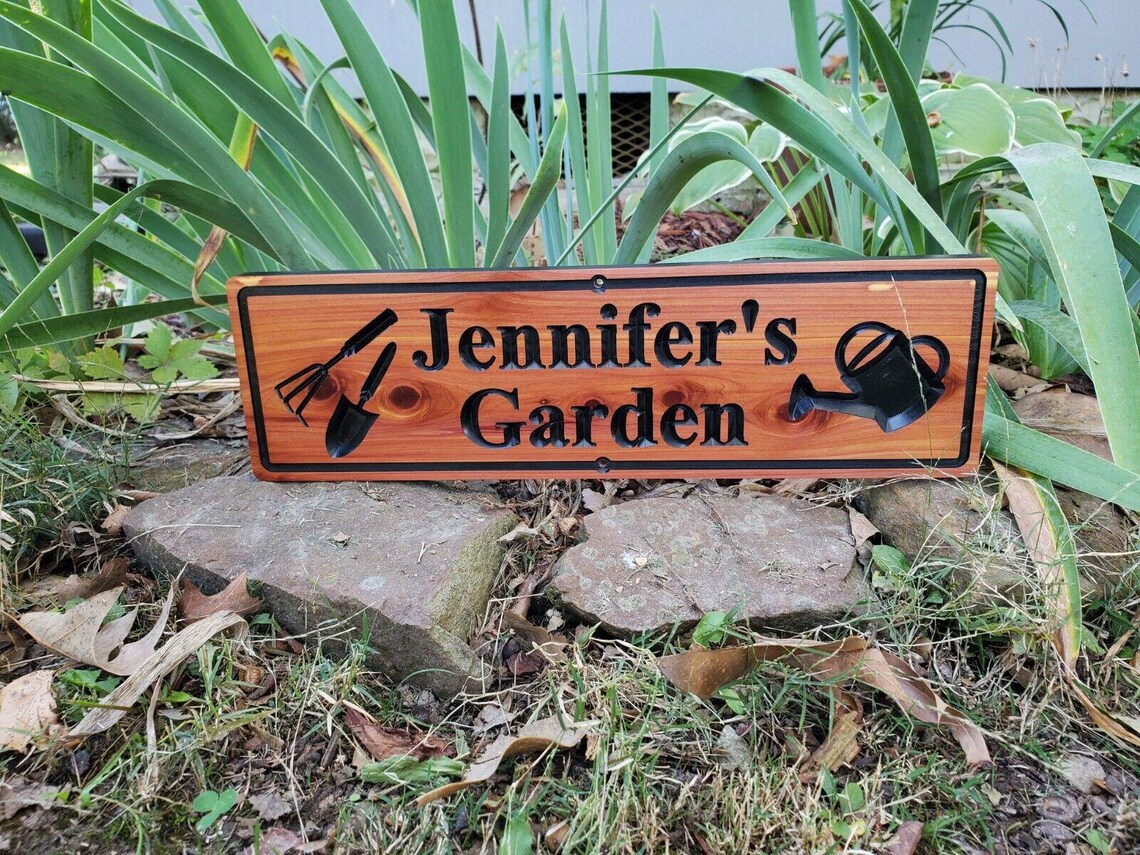Personalised Garden Sign, Custom Wooden Carved Gardening Name Sign ...