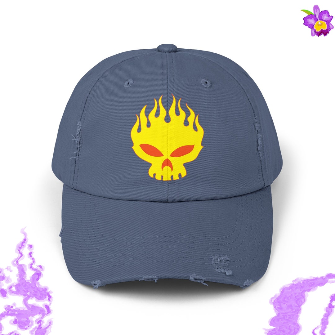 Flaming Skull Distressed Hat Punk Ripped Cap 90s Nostalgia 2000s ...