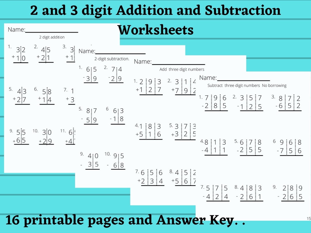 Two and Three Digit Addition and Subtraction Worksheets. - Etsy