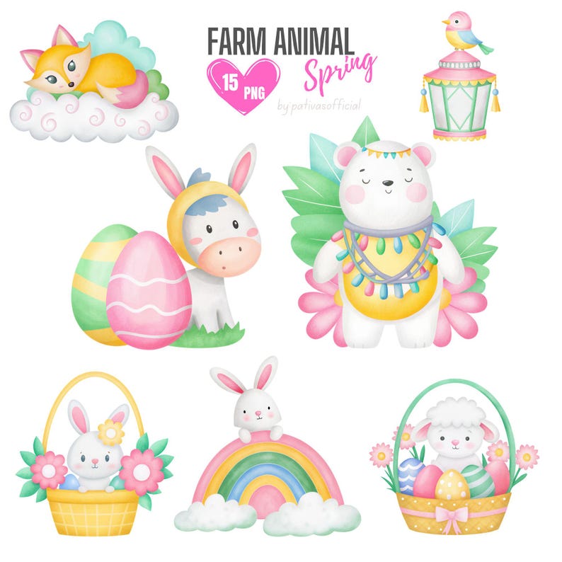 Cute Animal Watercolor Clipart Bundle PNG, Boho Spring Easter Animal ...