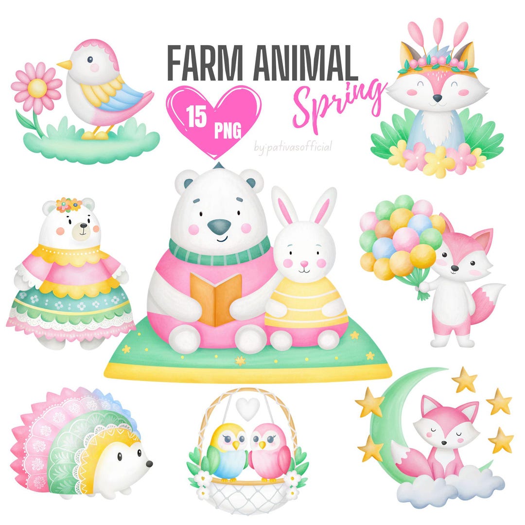 Cute Animal Watercolor Clipart Bundle PNG, Boho Spring Easter Animal ...