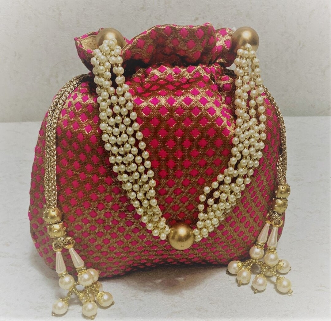 Set of 2 Pink & Gold Silk Potli Bag - Indian Wedding, Favor/return ...