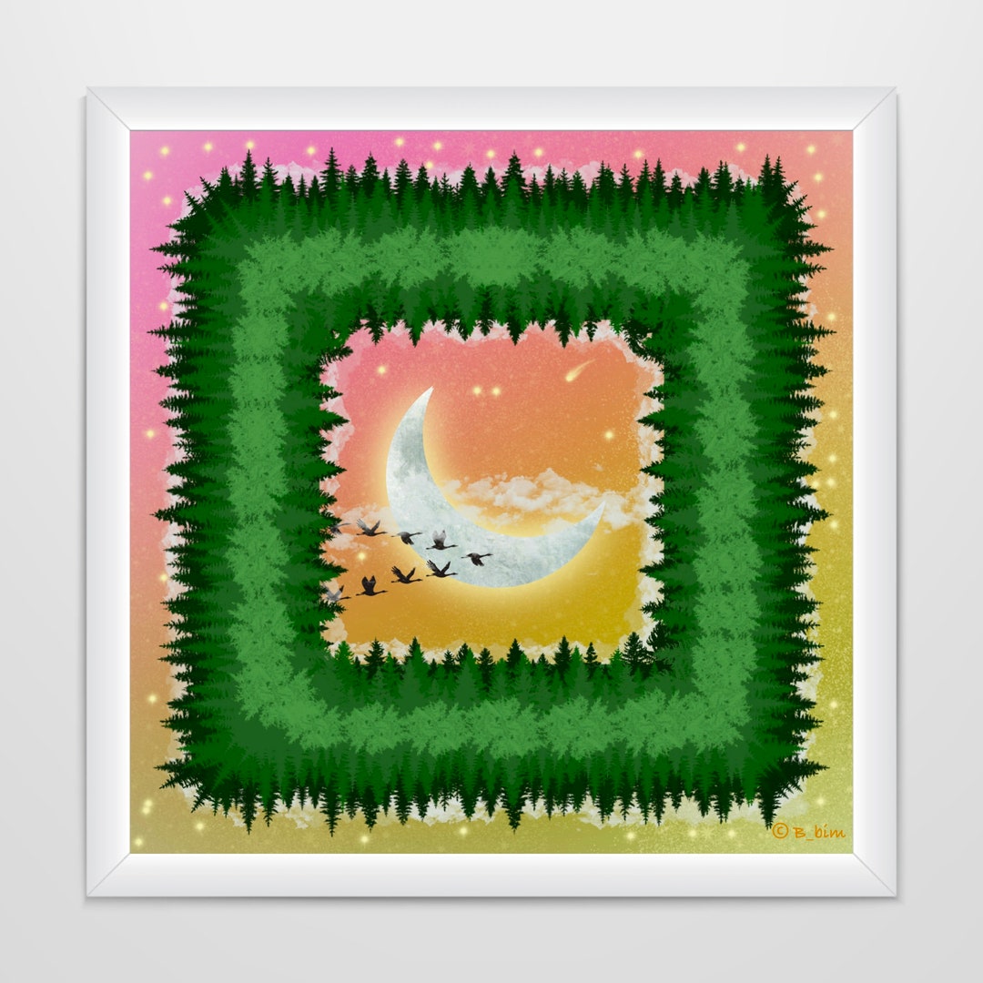 A Crescent Moon in a Squared Forest - Etsy