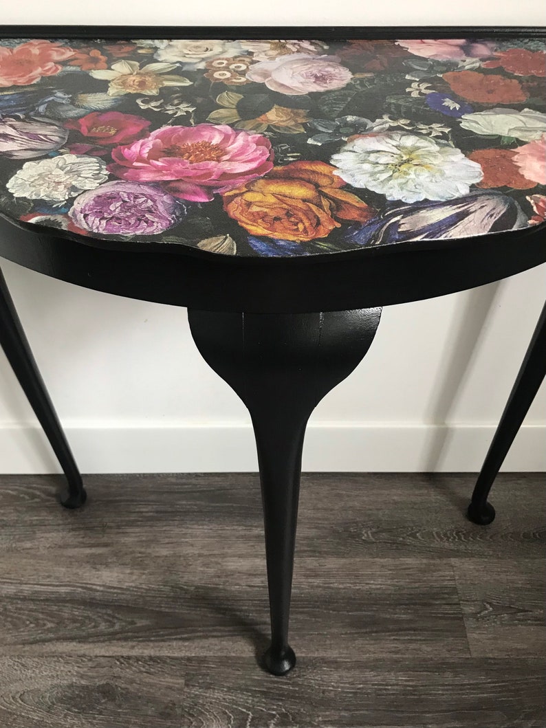 Vintage Half Moon Console Table, Hand Painted in Black With Flower Decoupage - Etsy UK