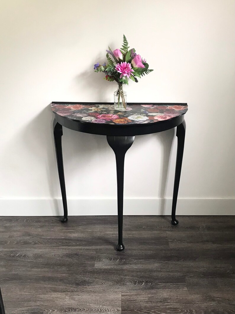 Vintage Half Moon Console Table, Hand Painted in Black With Flower Decoupage - Etsy UK