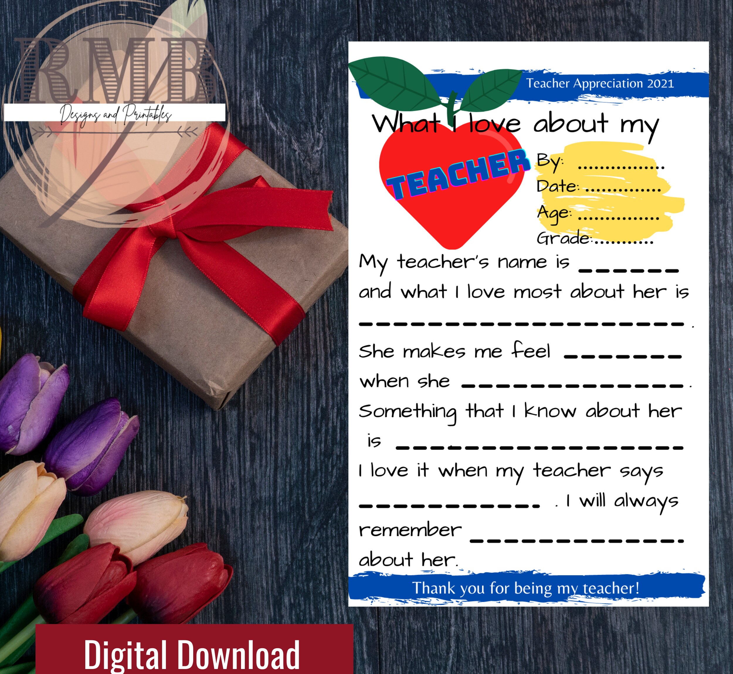 Teacher Appreciation Print Cards and Gift or Candle Tags, Apple ...