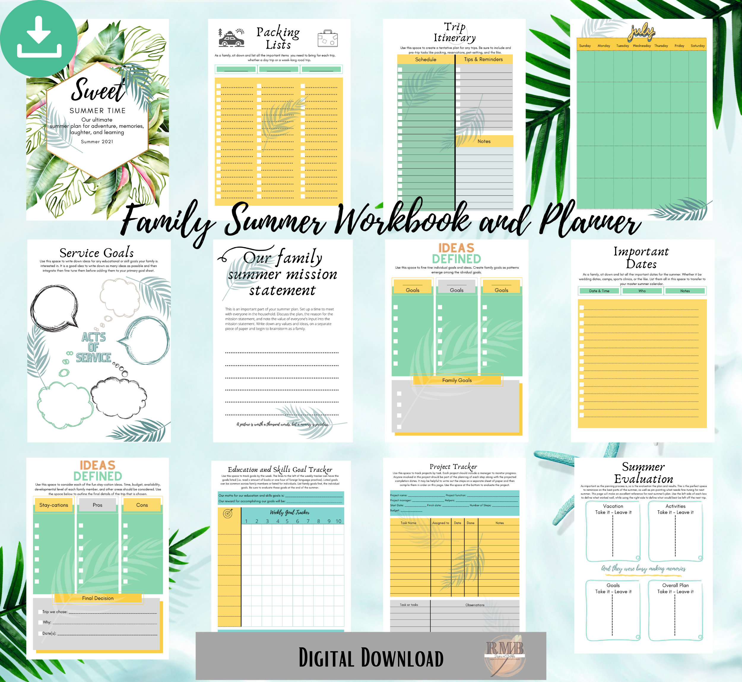 Printable Family Summer Planner and Workbook: Tropical Theme, Travel ...
