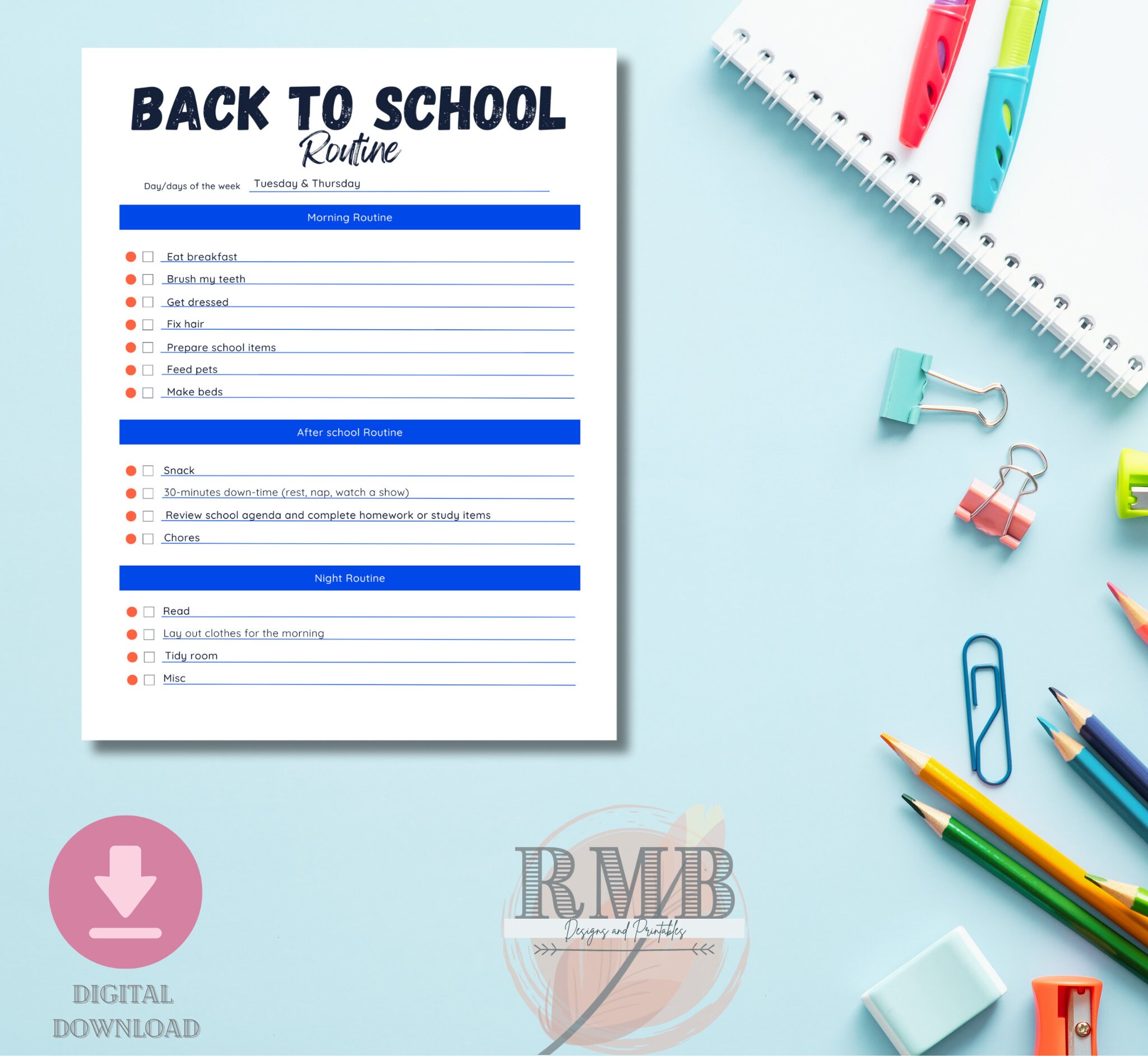 Printable Back-to-school Checklist, Editable Routine Chart, Teacher ...