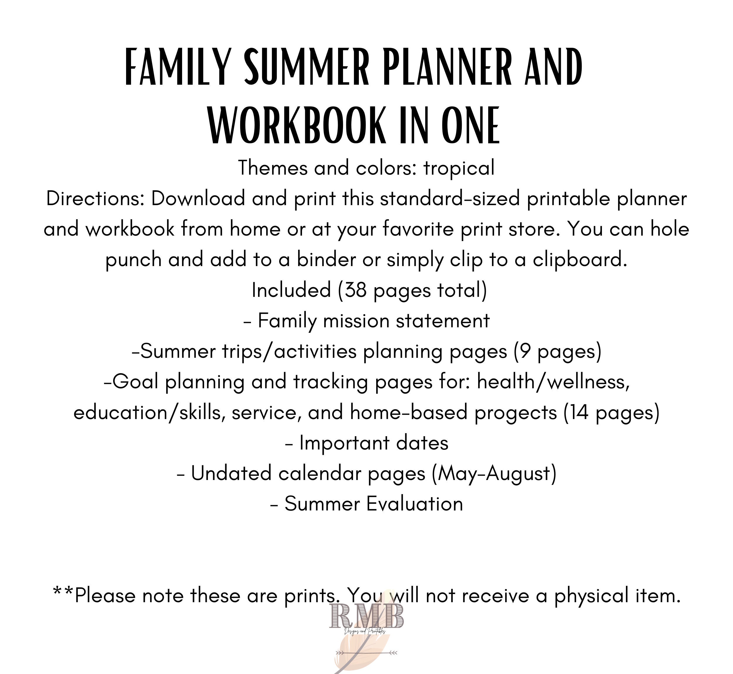 Printable Family Summer Planner and Workbook: Tropical Theme, Travel ...