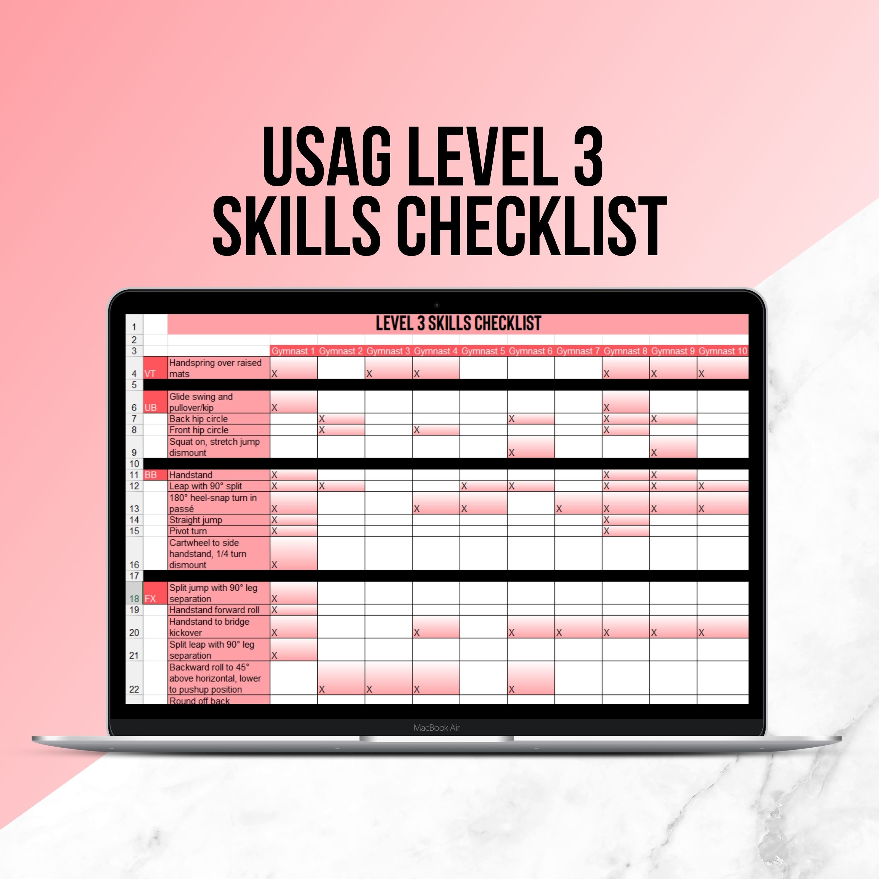 Level 3 Skills Checklist Spreadsheet Gymnastics Coach Skill Tracker ...