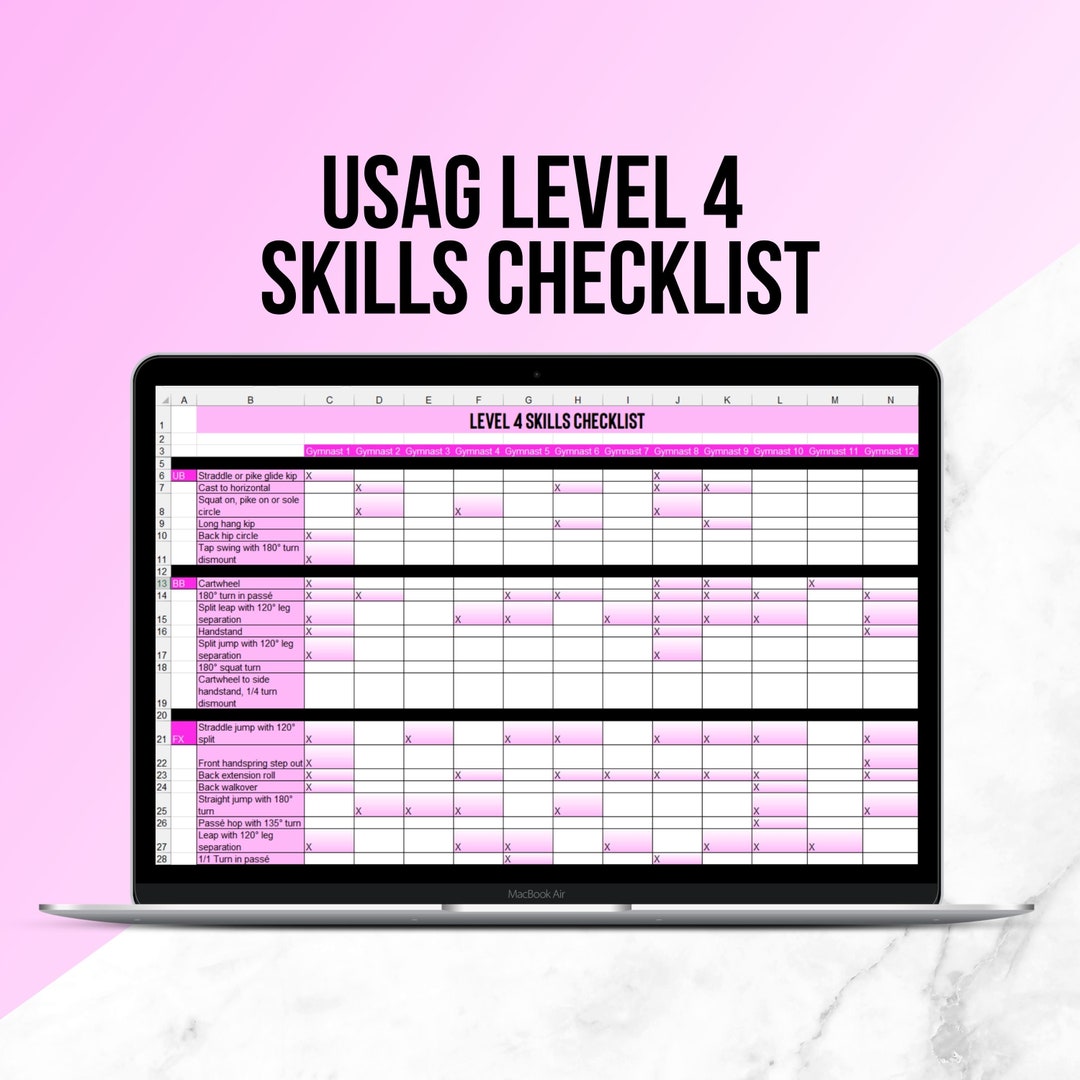 Level 4 Skills Checklist Spreadsheet | Gymnastics Coach Skill Tracker ...