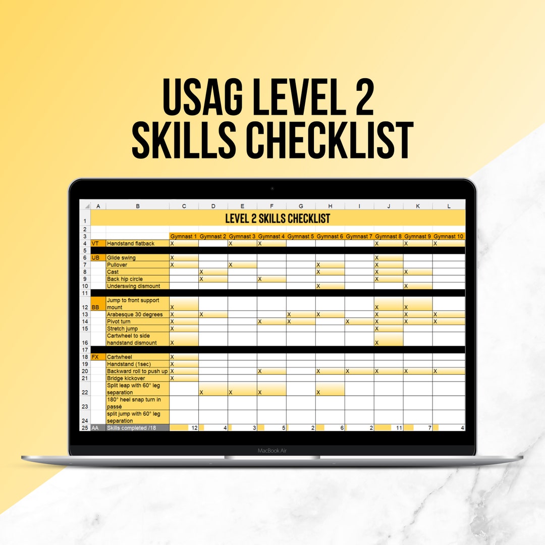 Level 2 Skills Checklist Spreadsheet | Gymnastics Coach Skill Tracker ...