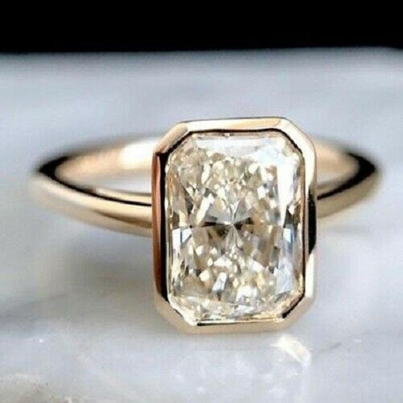 Bezel Set Emerald Cut Diamond Ring For Women Singel Solitaire Etsy