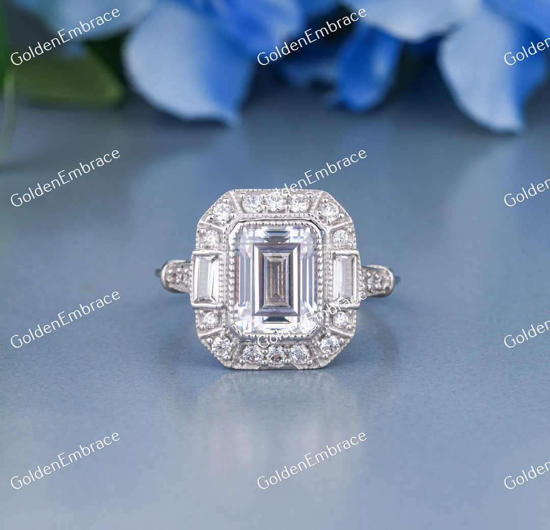 1930s Vintage Emerald Cut Diamond Art Deco Ring in 935 Argentium Silver ...