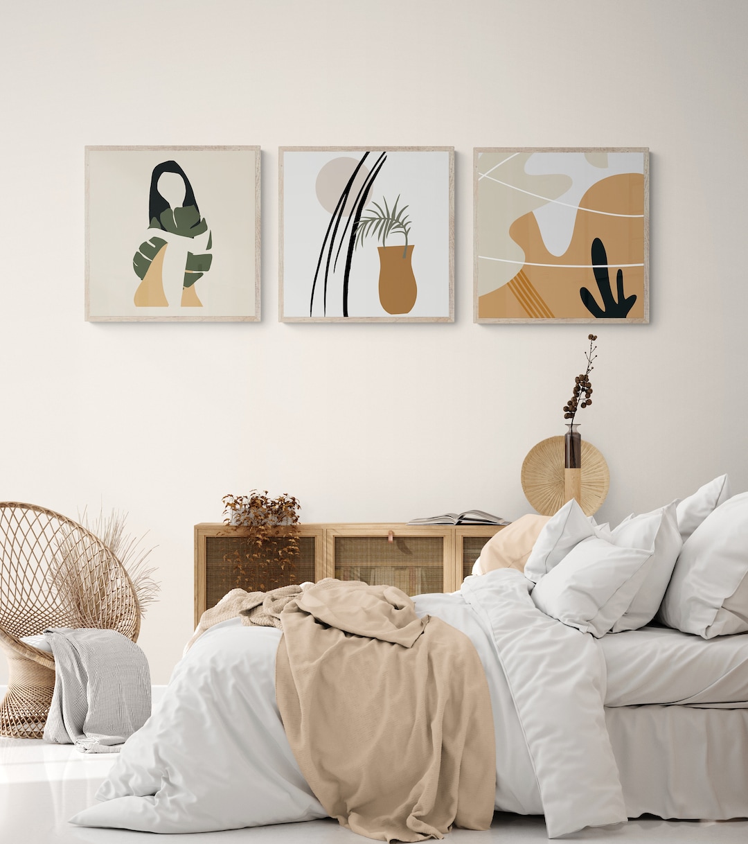 Abstract Boho Set of 3 Prints, Bohemian Wall Art Set, Neutral Abstract ...