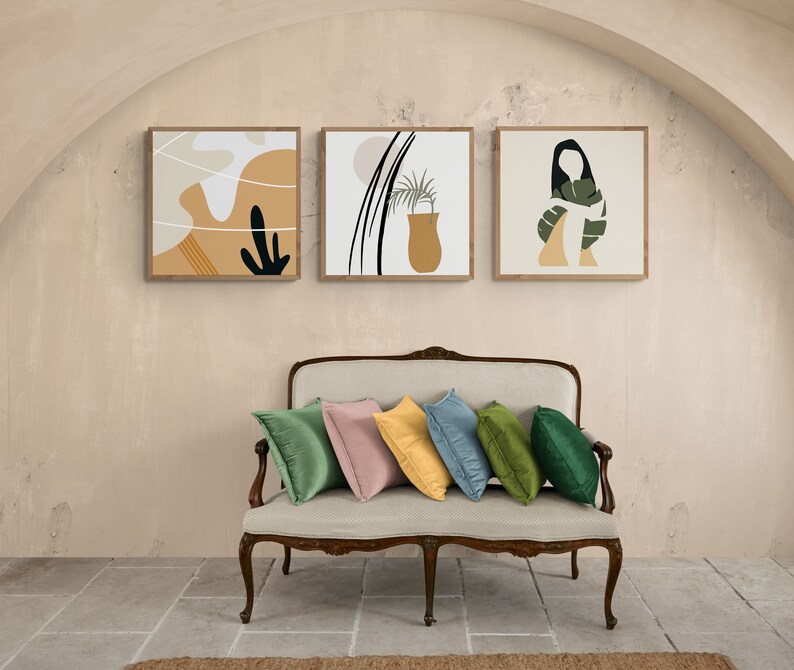 Abstract Boho Set of 3 Prints, Bohemian Wall Art Set, Neutral Abstract ...