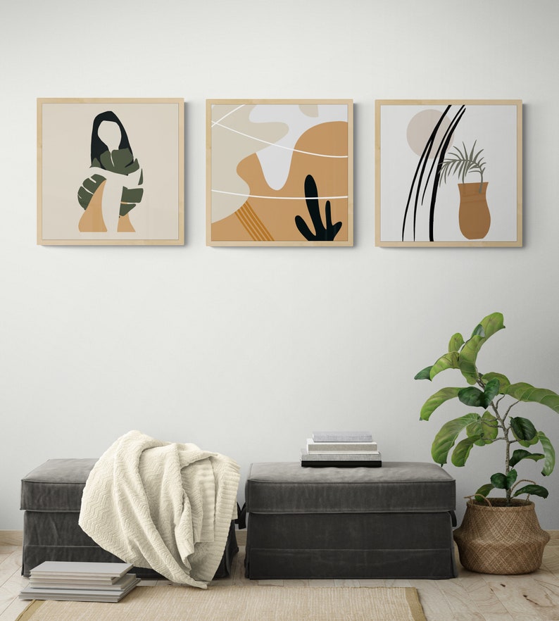 Abstract Boho Set of 3 Prints, Bohemian Wall Art Set, Neutral Abstract ...